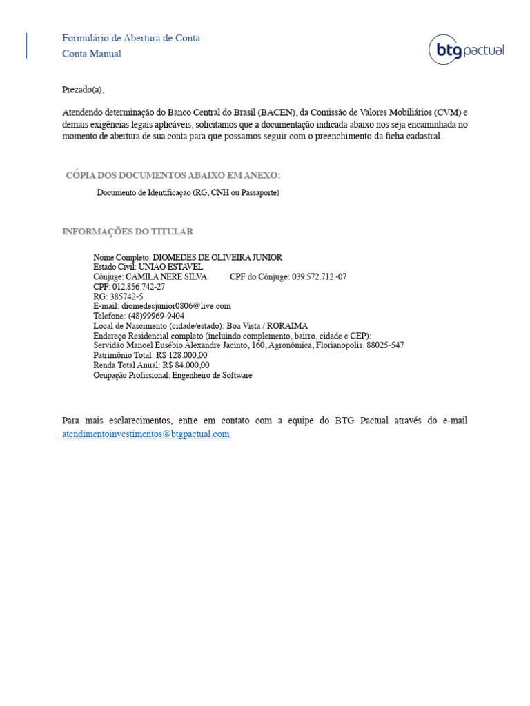 Formulário Abertura de Conta Manual | PDF