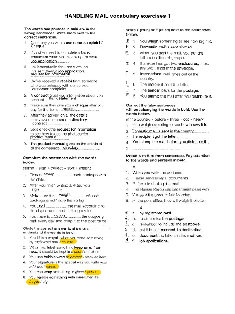 HANDLING MAIL Vocabulary Exercises 1 | PDF
