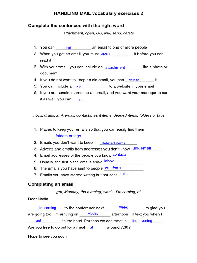 Email Vocabulary Exercises 2 | PDF | Computer Mediated Communication ...