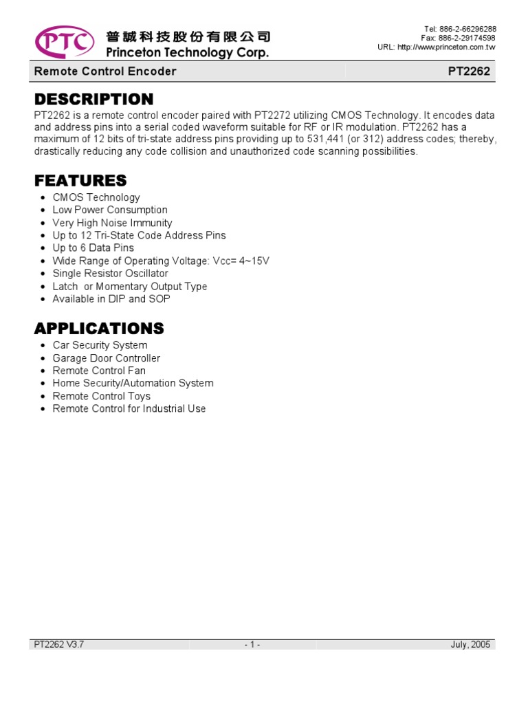 Description: Remote Control Encoder PT2262 | PDF | Electronic ...