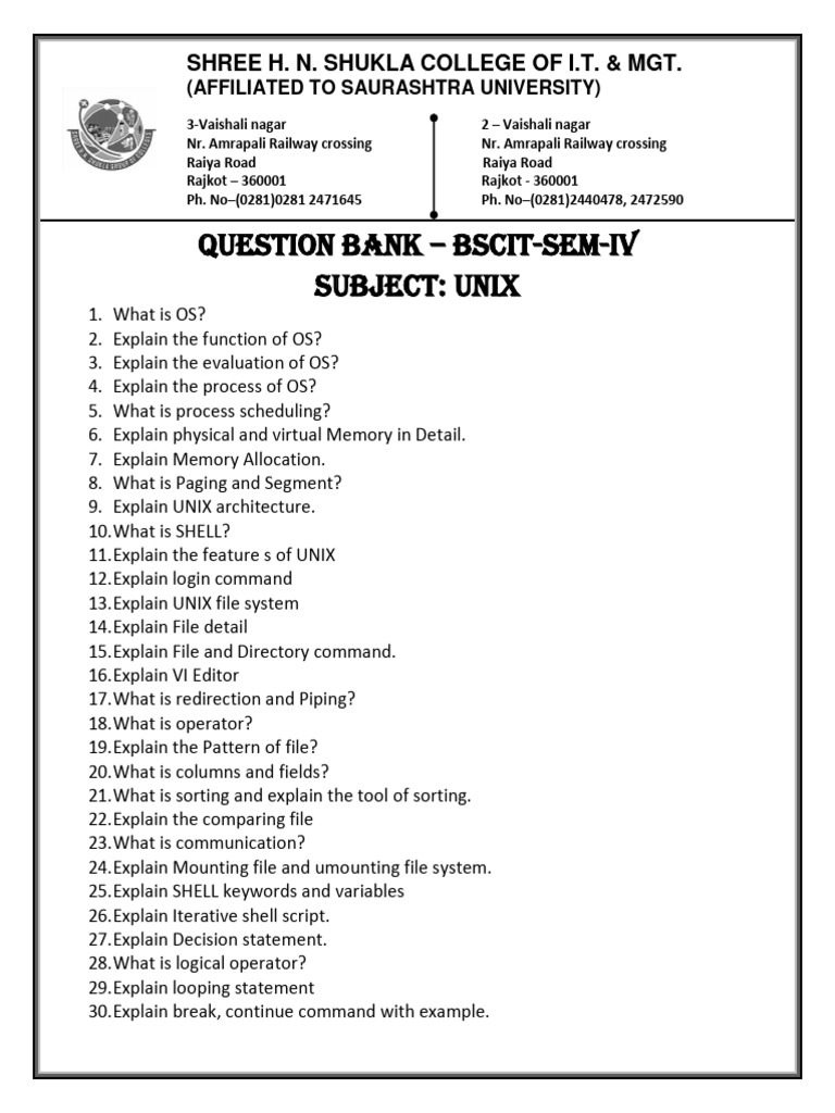 Question Bank Unix Bscit-4 | PDF