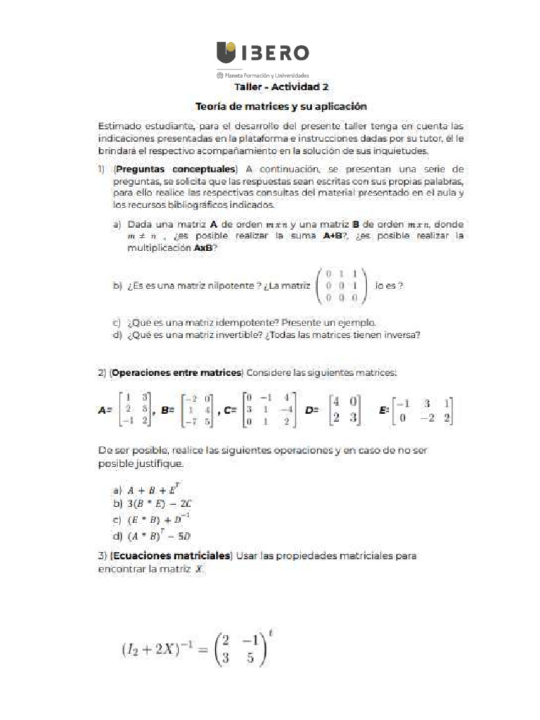 Taller Actividad 2 Teoria de Matrices y Su Aplicacion 1 Compressed | PDF | Matriz (Matemáticas ...