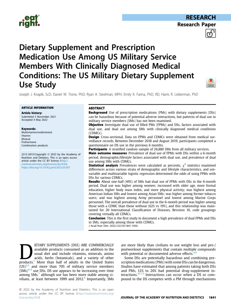 Dietary Supplement and Prescription Medication Use Among US Military ...