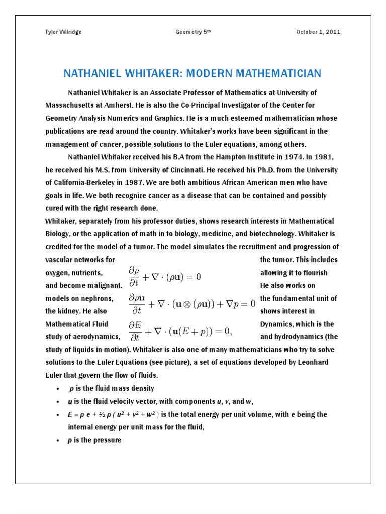 Nathaniel Whitaker: Cancer Research Mathematician | PDF | Fluid ...
