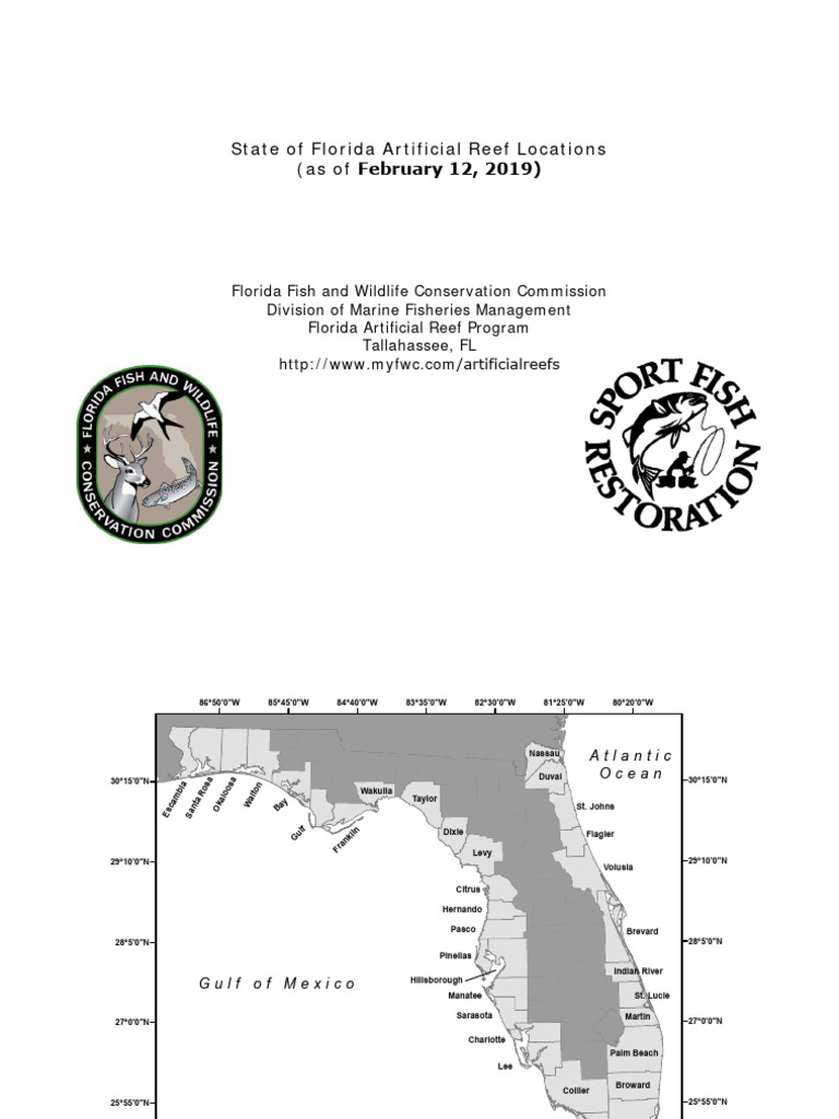 State of Florida Artificial Reef Locations (As of February 12, 2019 ...