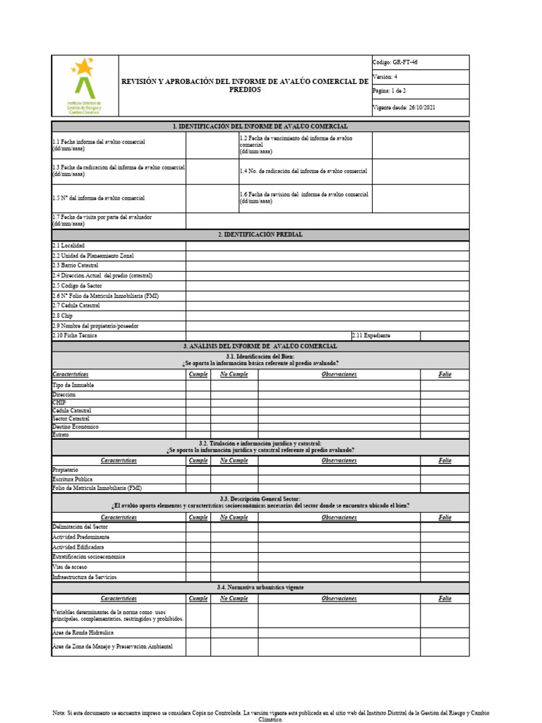 GR-FT-46 Formato Revisión y Aprobación Del Informe de Avalúo Comercial de Predios V4 | PDF ...