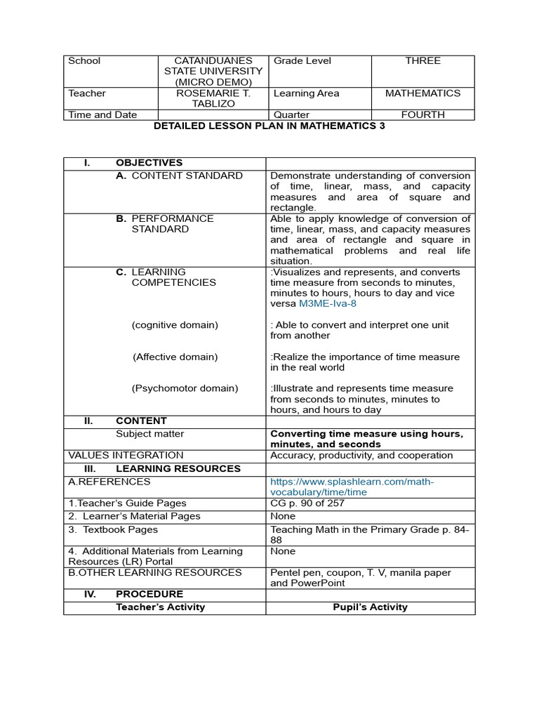 Grade 3 Math: Time Measurement Lesson Plan | PDF | Time | Learning