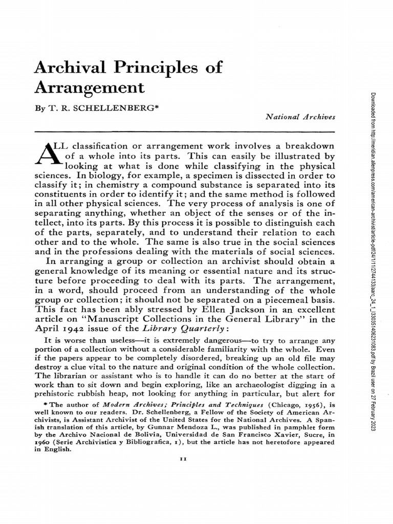 Schellenberg Principles of Arrangement | PDF | Archivist | Archive