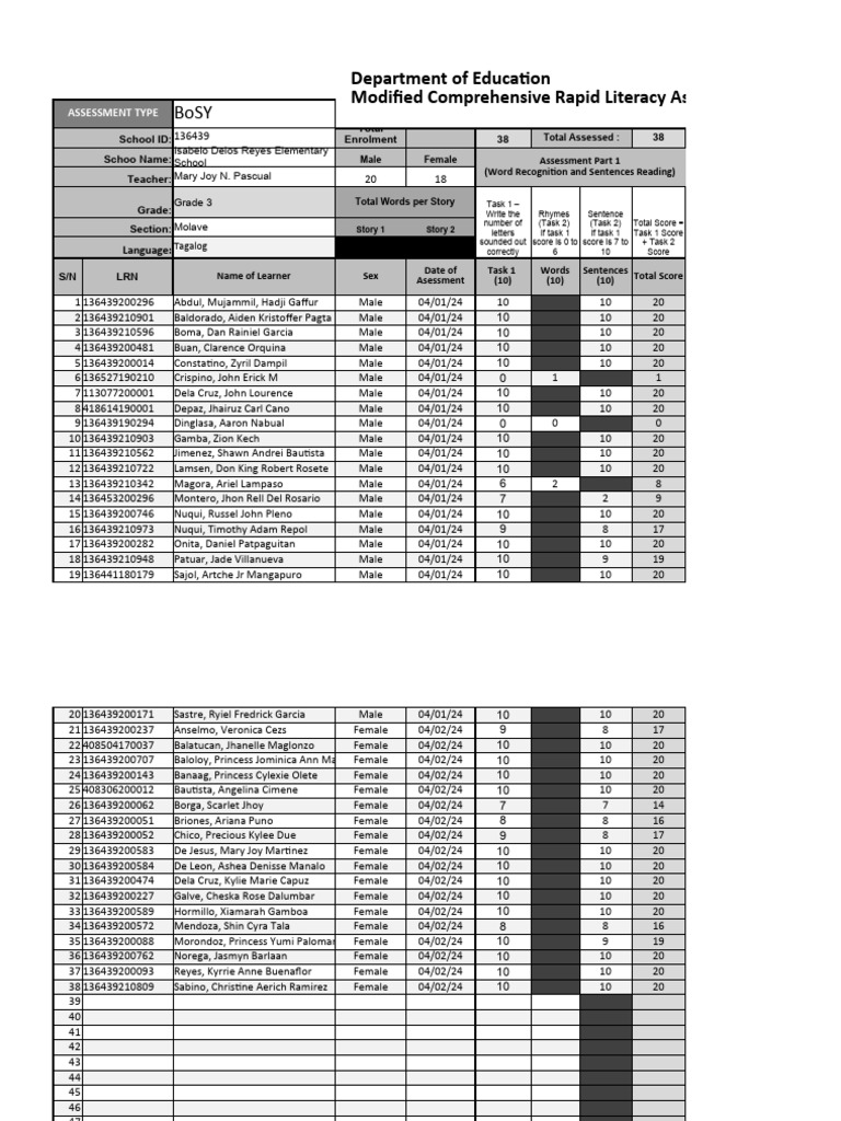 MOLAVE-ModifiedCRLA G3 Scoresheet v5 | PDF | Educational Assessment | Cognition
