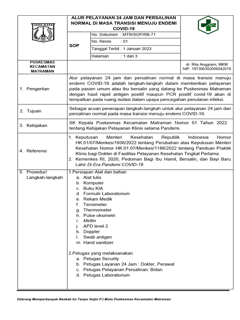 Sop ALUR PELAYANAN 24 JAM DAN PERSALINAN NORMAL PADA MASA TRANSISI ...