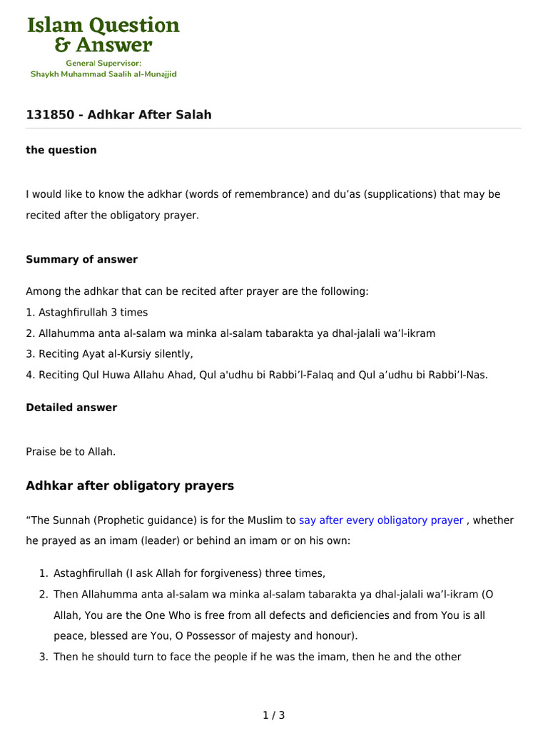 Adhkar After Salah | PDF | Monotheism | Islamic Belief And Doctrine