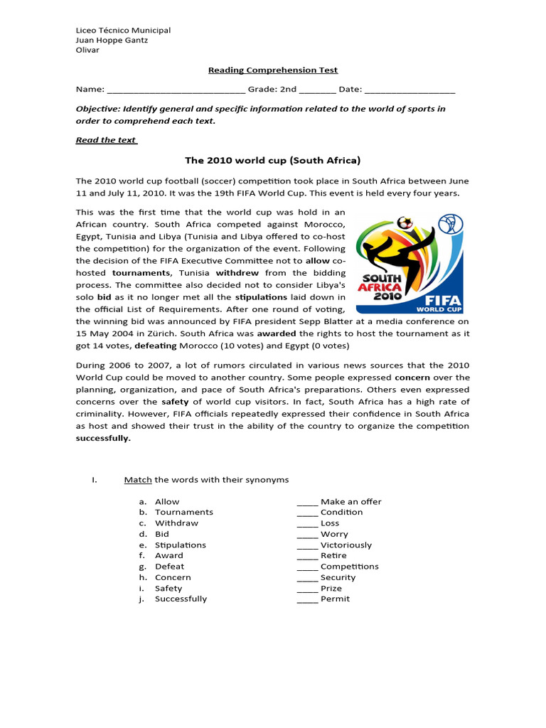 Reading Comprehension Sports | PDF | Fifa World Cup