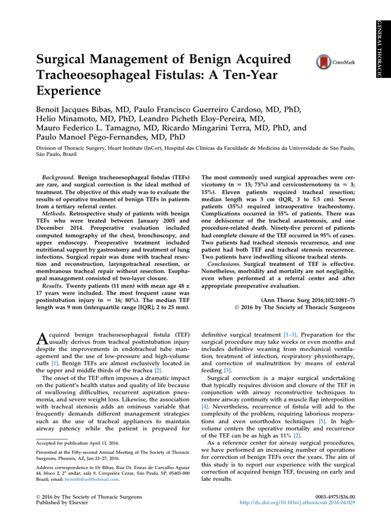 Surgical Management of Benign Acquired Tracheoesophageal Fistulas- A ...