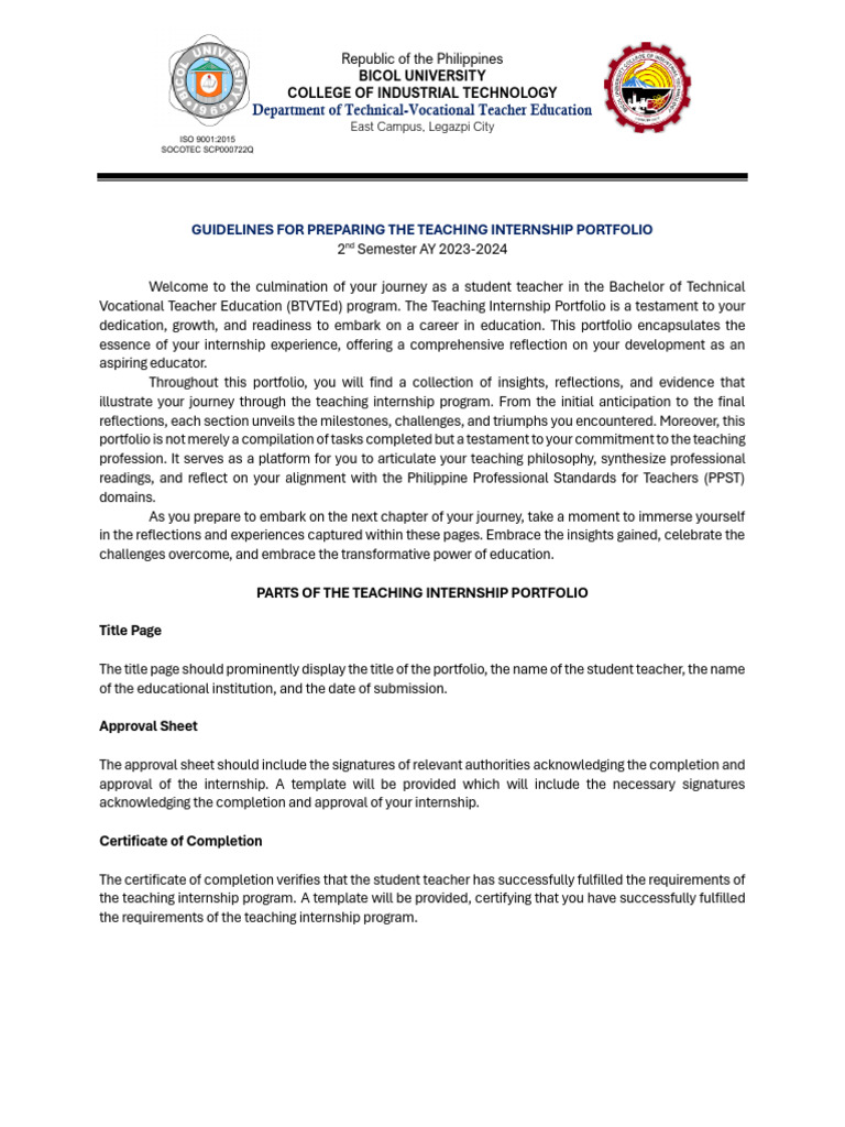 Teaching Internship Portfolio Guidelines | PDF | Teachers | Teacher Education
