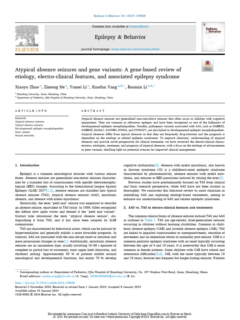 2024 - Atypical absence seizures and gene variants | PDF | Epilepsy ...