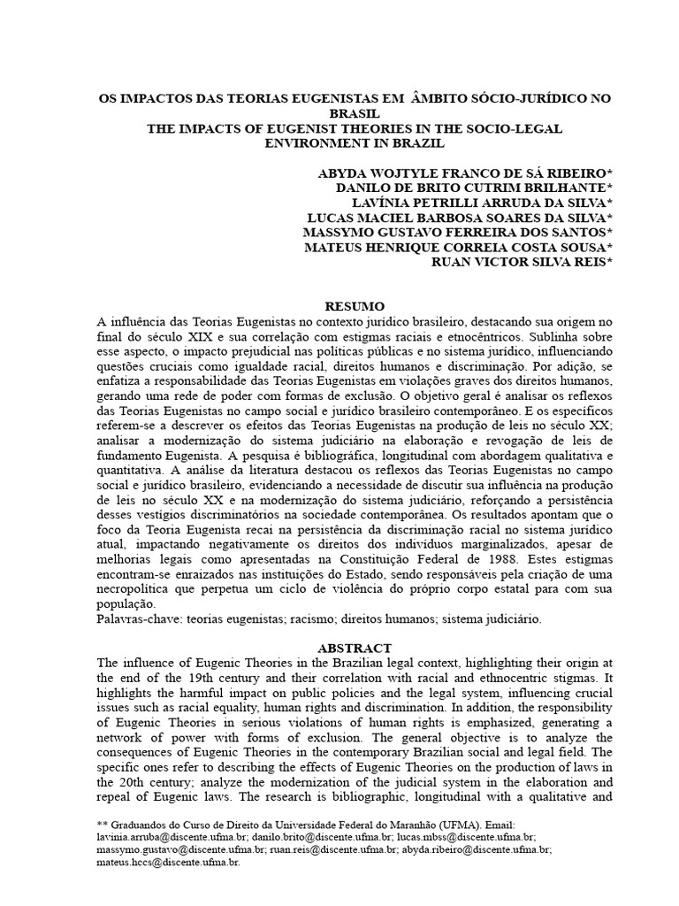 Artigo - OS IMPACTOS DAS TEORIAS EUGENISTAS EM ÂMBITO SÓCIO-JURÍDICO NO BRASIL | PDF | Racismo ...