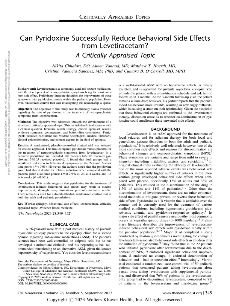 Can Pyridoxine Successfully Reduce Behavioral Side 15 Pdf Randomized Controlled Trial Epilepsy