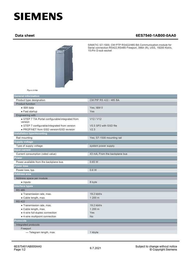 6ES75401AB000AA0 Datasheet en | PDF | Bit Rate | Computer Science