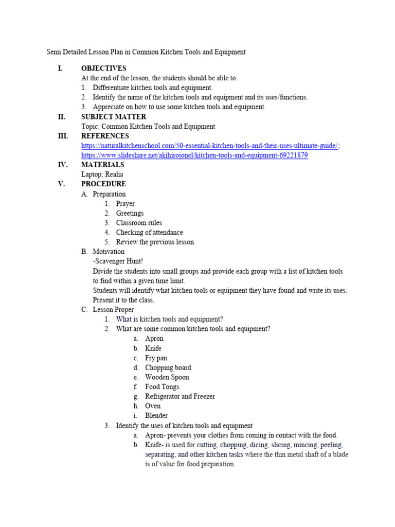 Lesson Plan: Kitchen Tools & Equipment | PDF | Kitchen | Cooking