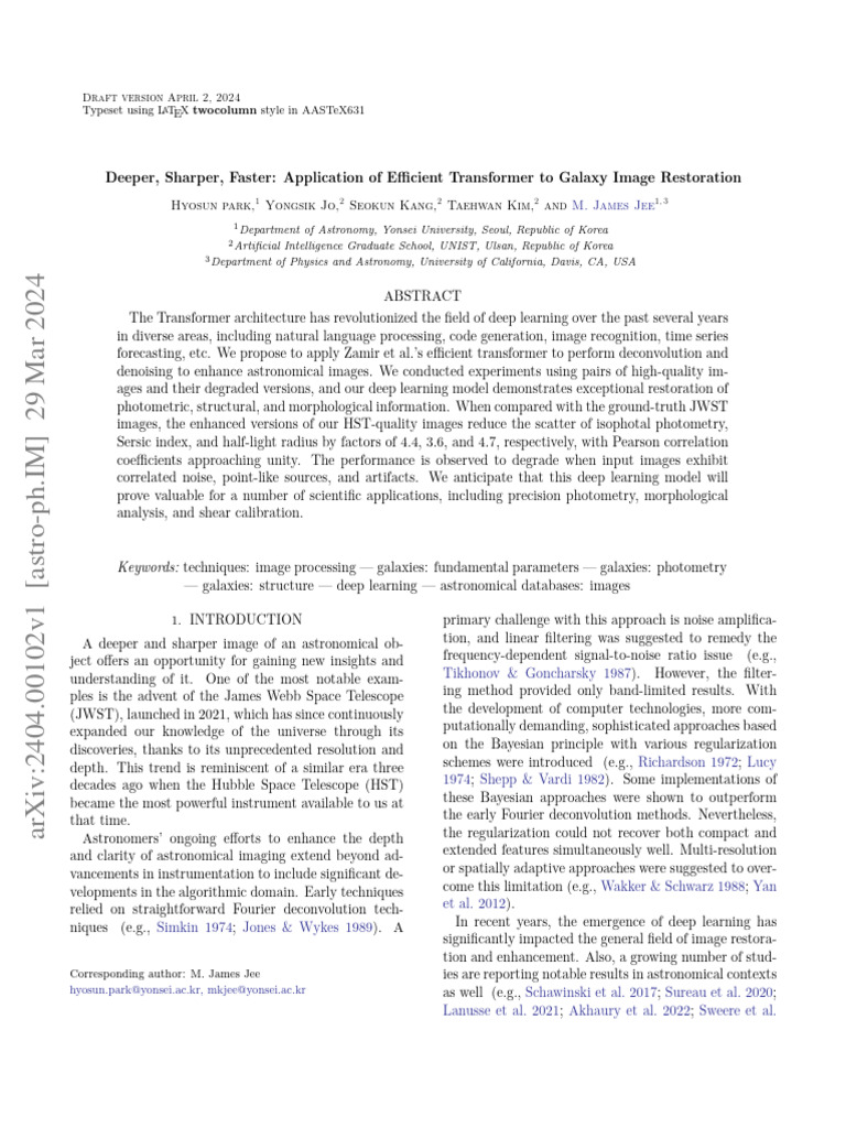Deeper, Sharper, Faster - Application of Efficient Transformer To Galaxy Image Restoration | PDF ...