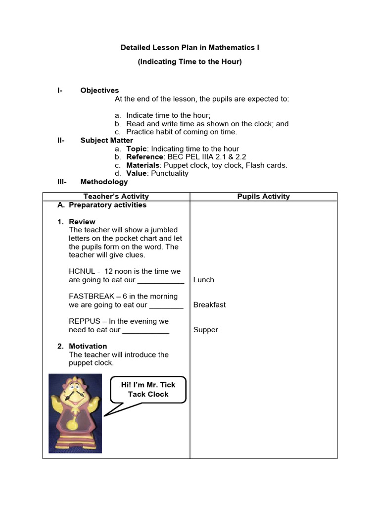 Detailed_Lesson_Plan_in_Mathematics_1 | PDF | Clock | Hour