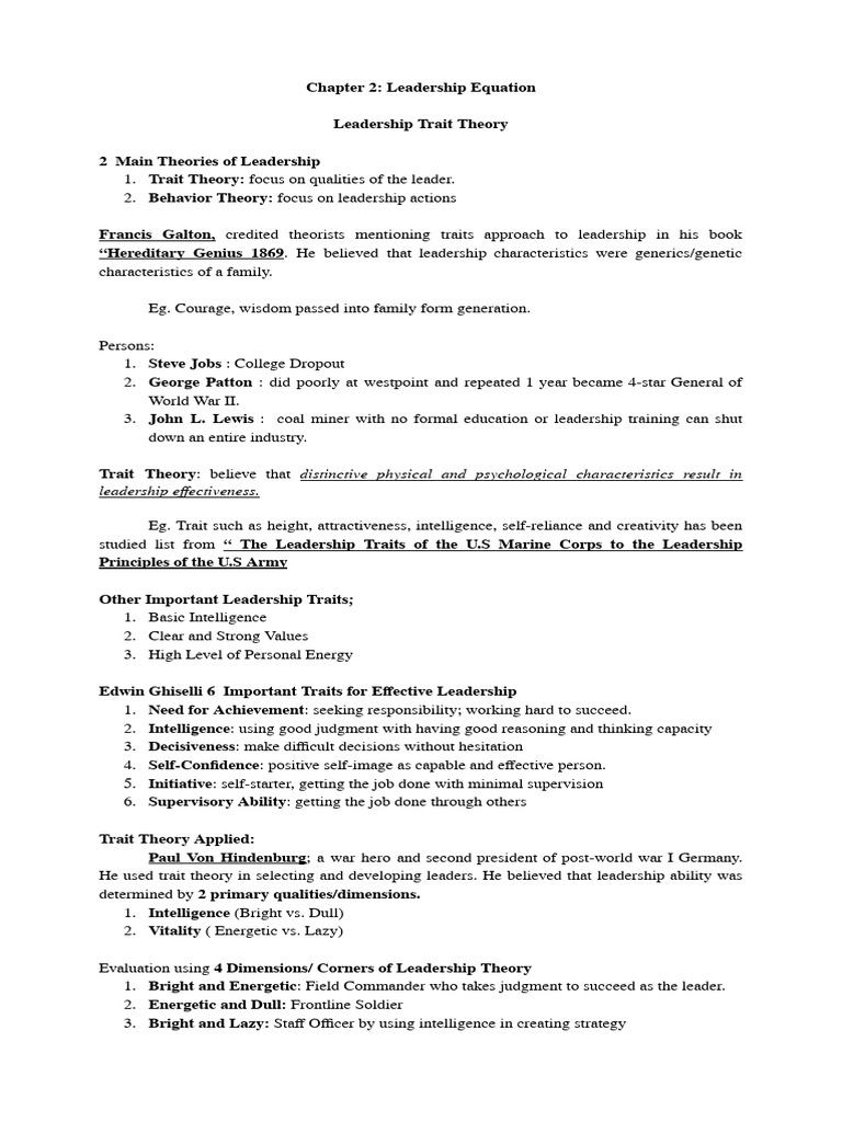 Leadership Traits and Theories Overview | PDF | Leadership | Charisma