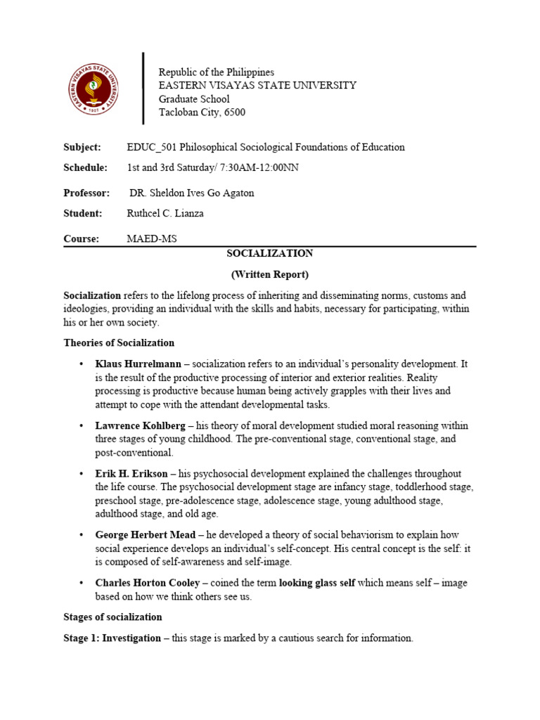SOCIALIZATION Written Report | PDF | Socialization | Psychological Concepts