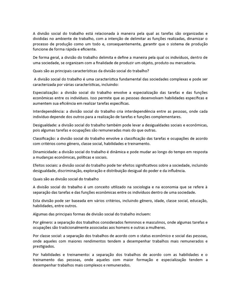 Divisão Social do Trabalho: Conceitos e Efeitos | PDF | Sociologia ...