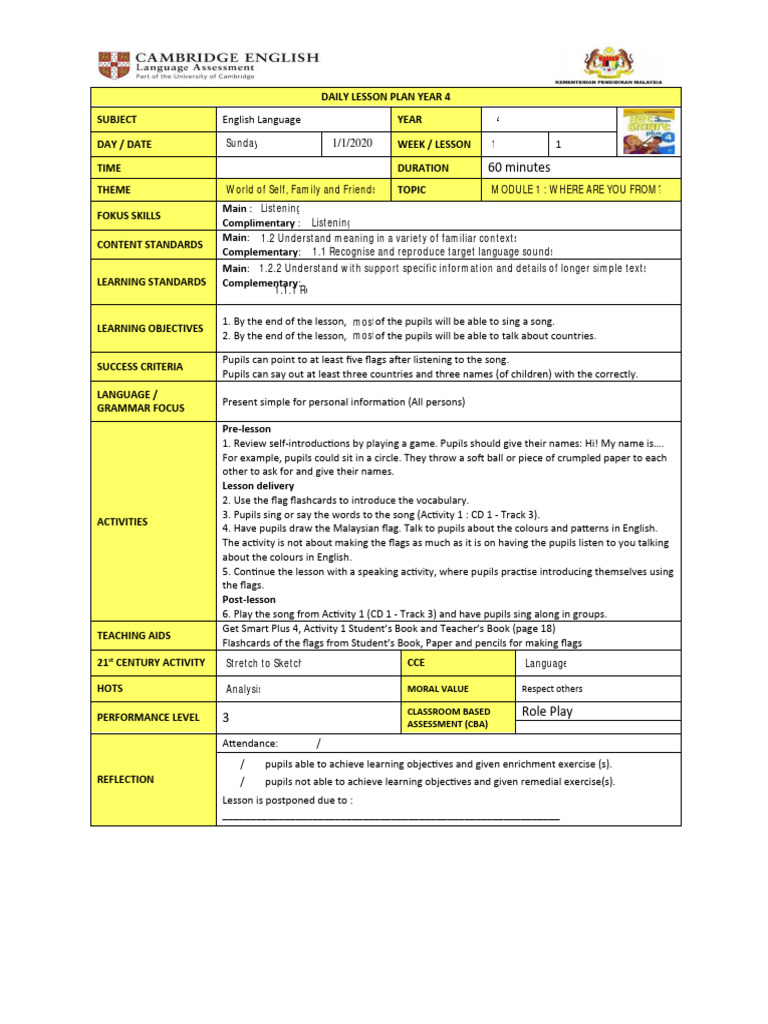 Bi Year 4 Module 1 (LP 1-16) Azrul | PDF | Lesson Plan | Teachers