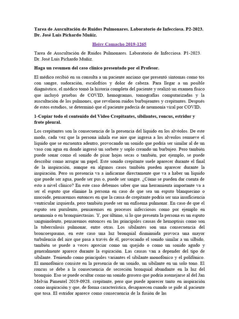 Tarea de Auscultación de Ruidos Pulmonares Heisy Camacho | PDF | Tos | Pulmón