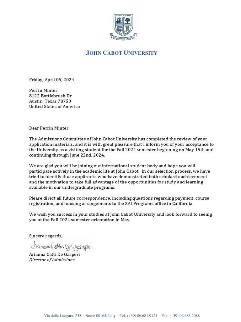 Acceptance Letter to John Cabot University | PDF | Business | Social ...