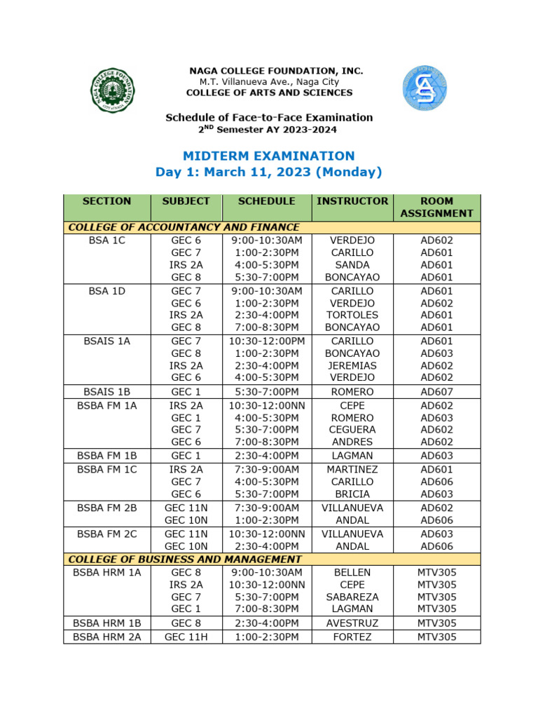 Day 1 Midterm Exam Schedule March 11 | PDF