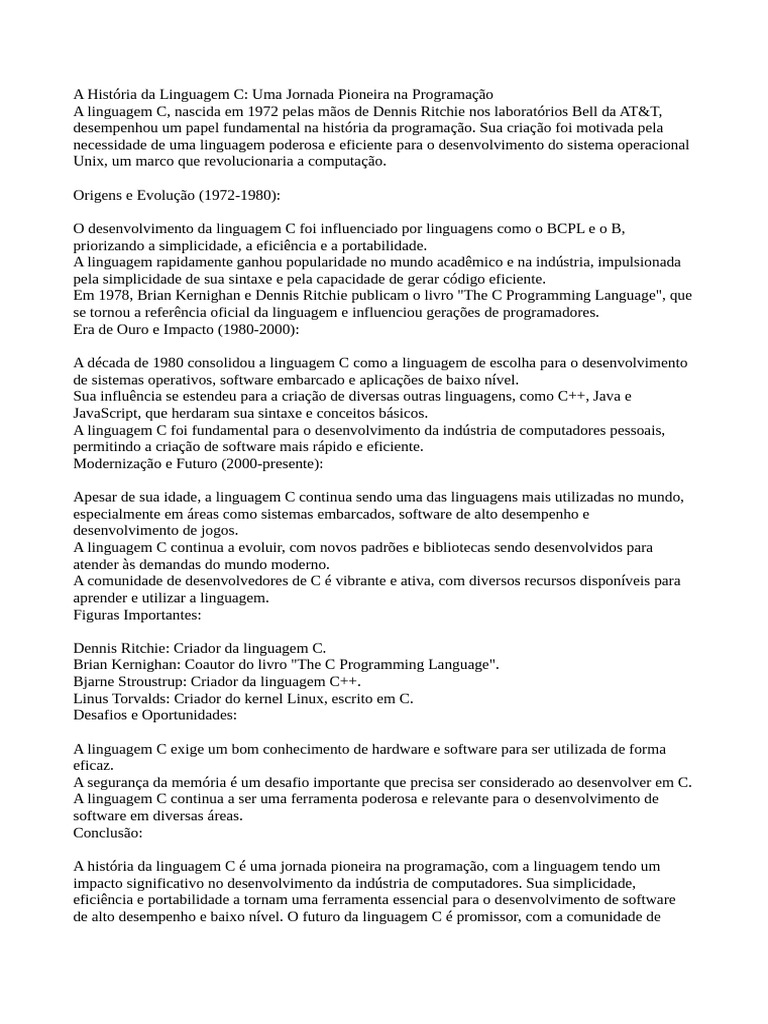 historia da linguagem C | PDF | Linguagem de programação | C (linguagem ...