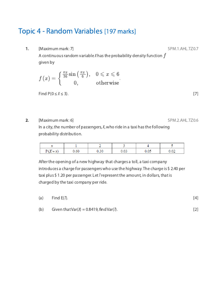Topic 4 - Random Variables | PDF | Probability Distribution | Dice