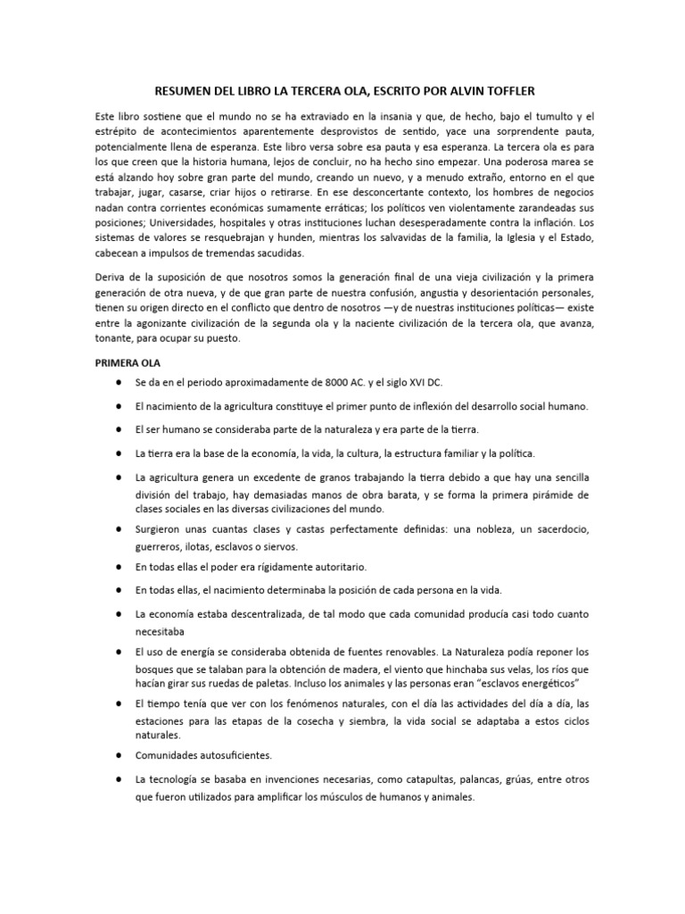 Resumen de "La Tercera Ola" de Toffler | PDF | Sociedad | Revolución ...