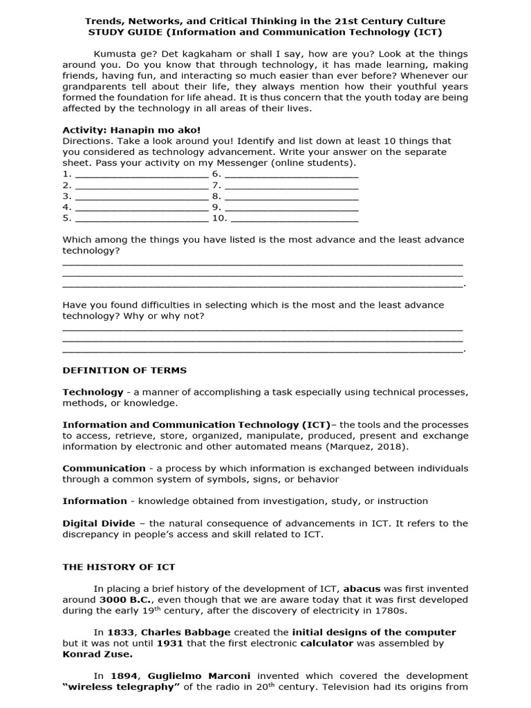 Study Guide Topic ICT For Students | PDF | Information Technology | Computer Network