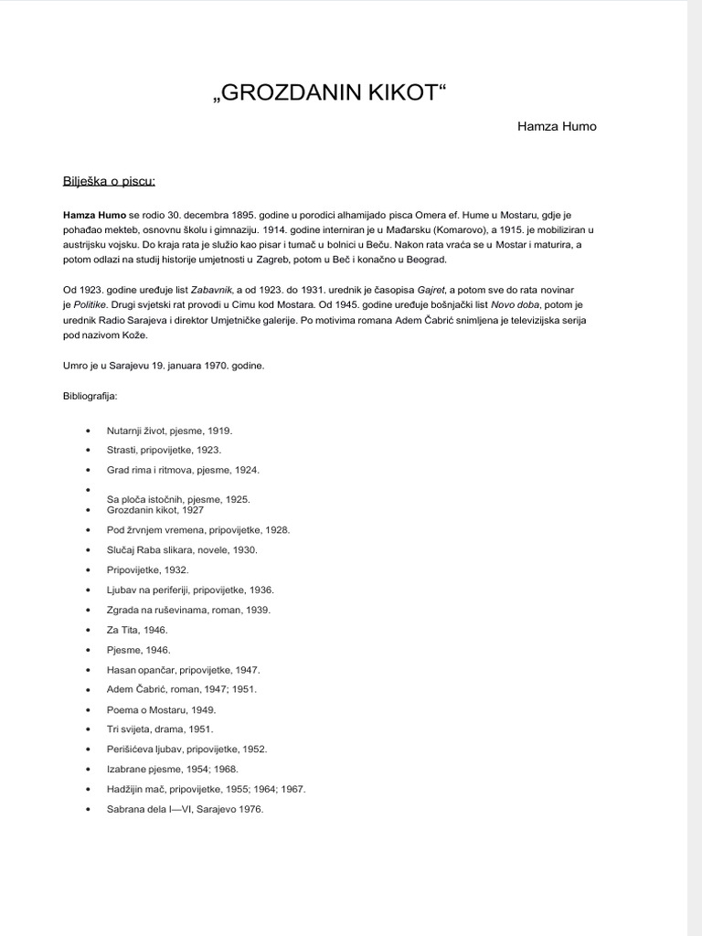 Grozdanin Kikot Hamza Humo | PDF