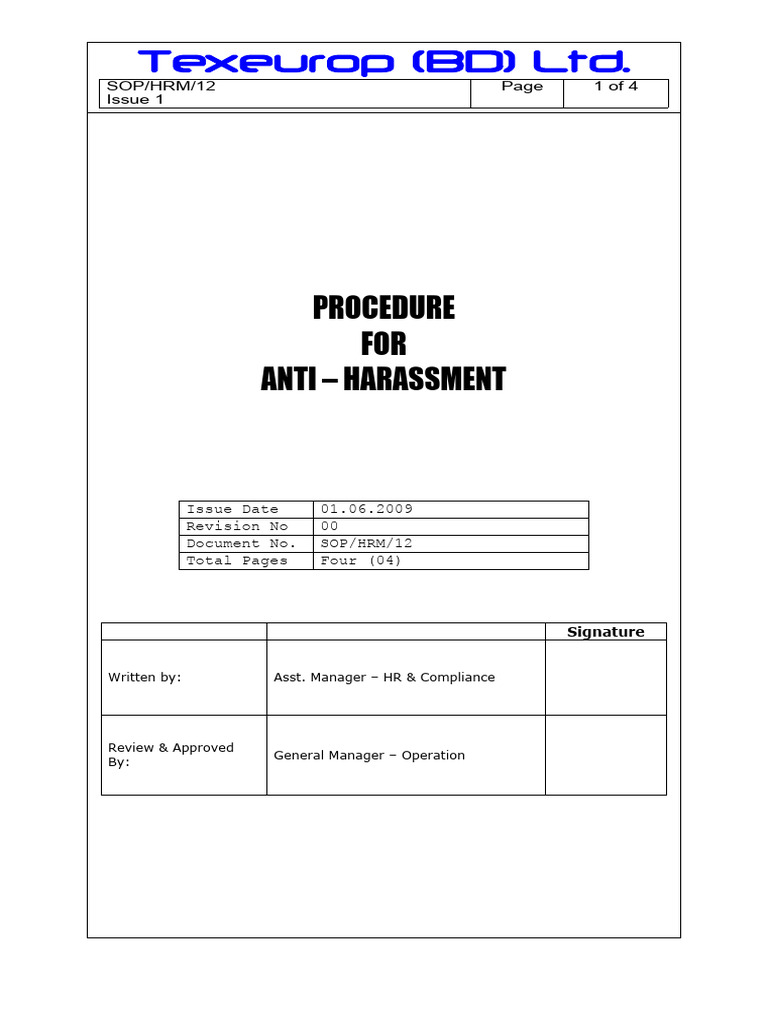 Anti Harassment Procedure (SOP - hrm.12) | PDF | Employment | Human ...