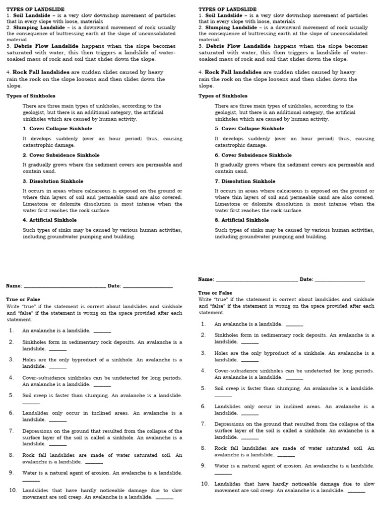 TYPES OF LANDSLIDE-4thQ-notes | PDF | Landslide | Sinkhole