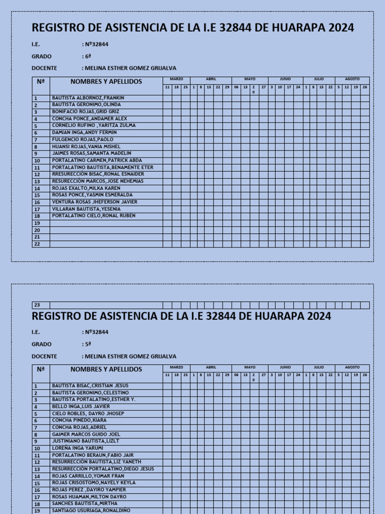 Registro de Asistencia I.E. 32844 2024 | PDF