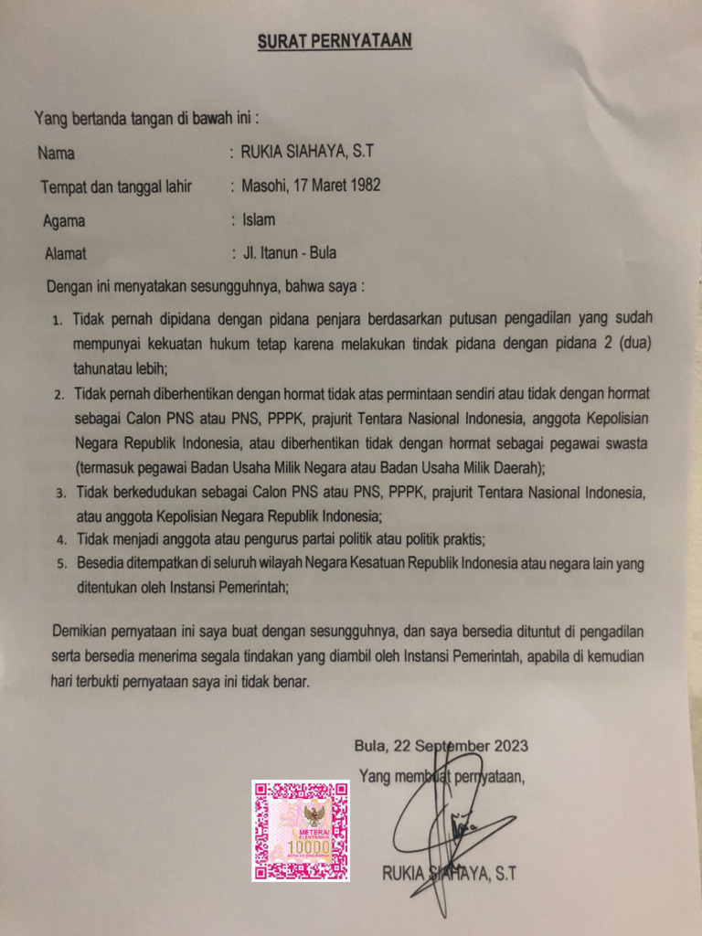 Surat Pernyataan Rukia Siahaya E - Meterai | PDF