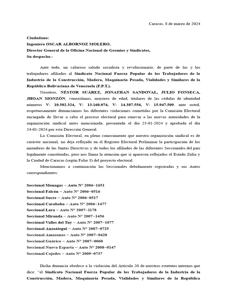 Denuncia Imprimir Final | PDF | Sindicato | Venezuela