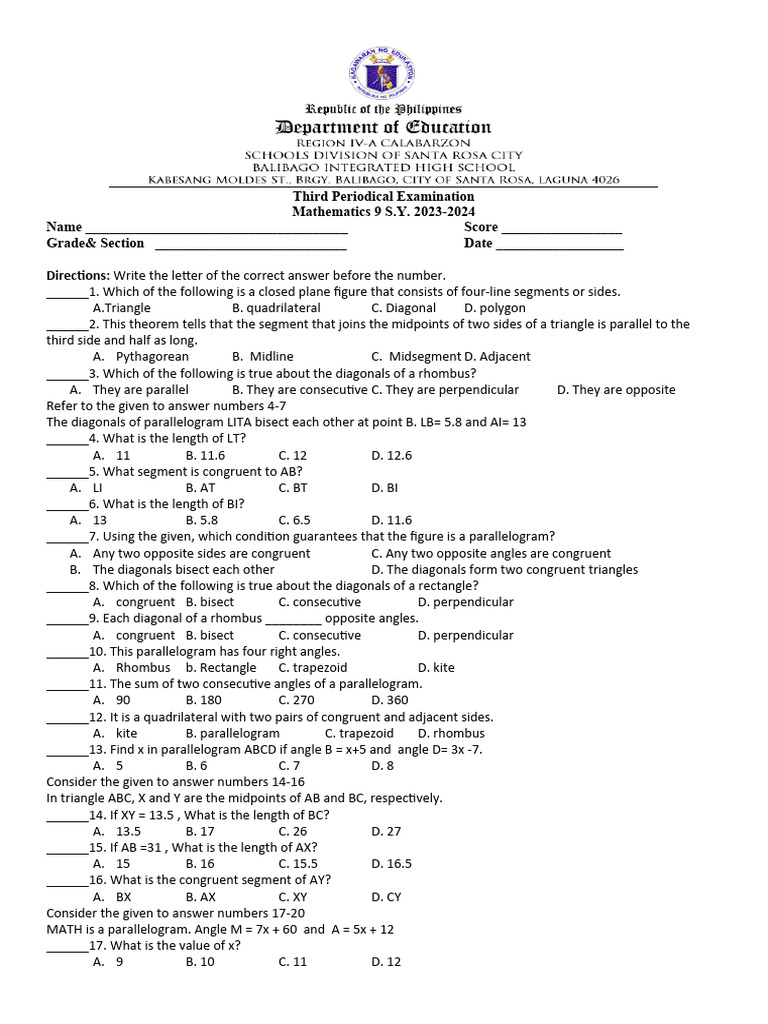 Math 9 Third Periodical Exam Guide | PDF | Rectangle | Perpendicular