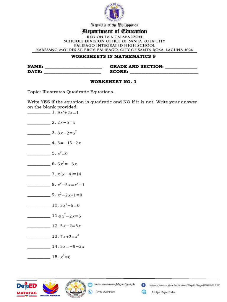 MATH-9-WORKSHEET | PDF | Quadratic Equation | Mathematical Objects