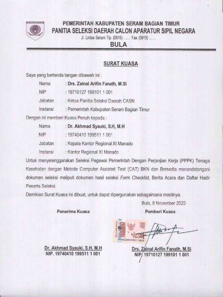 Surat Kuasa Seram Bagian Timur Ke Regional XI BKN Manado | PDF