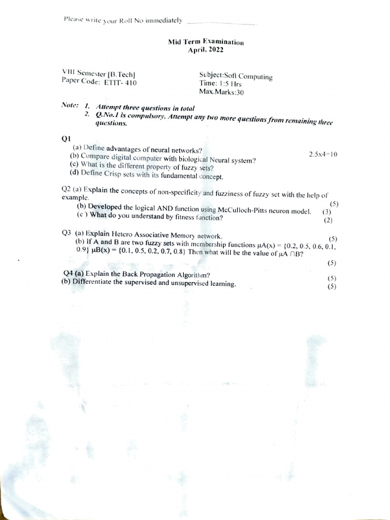 Question Paper Soft Computing Mid Term April 2022 | PDF | Fuzzy Logic | Computational Neuroscience
