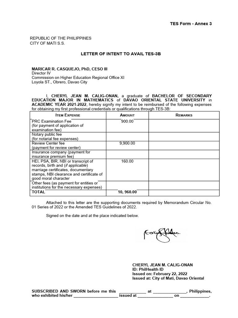 Annex 3 - Letter of Availment For TES-3B - Updated | PDF