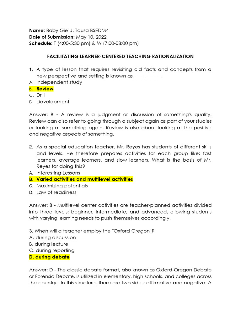 Facilitating Learner Centered Teaching Rationalization (Tausa) | PDF | Learning | Teachers