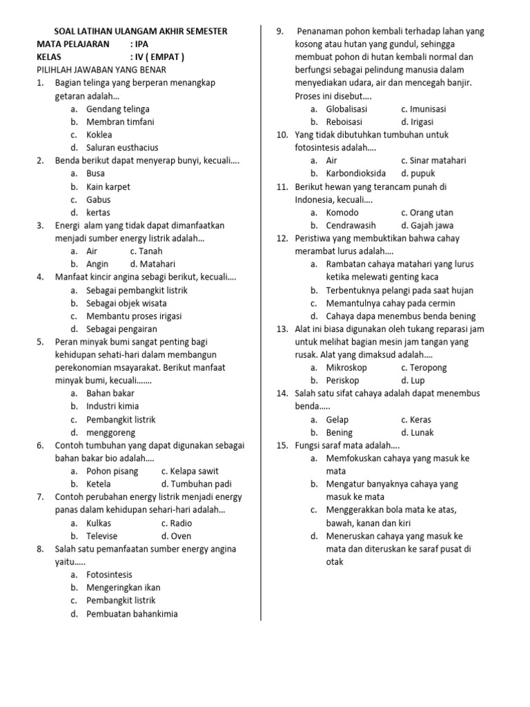 Soal Latihan Ipa Kelas 4 | PDF