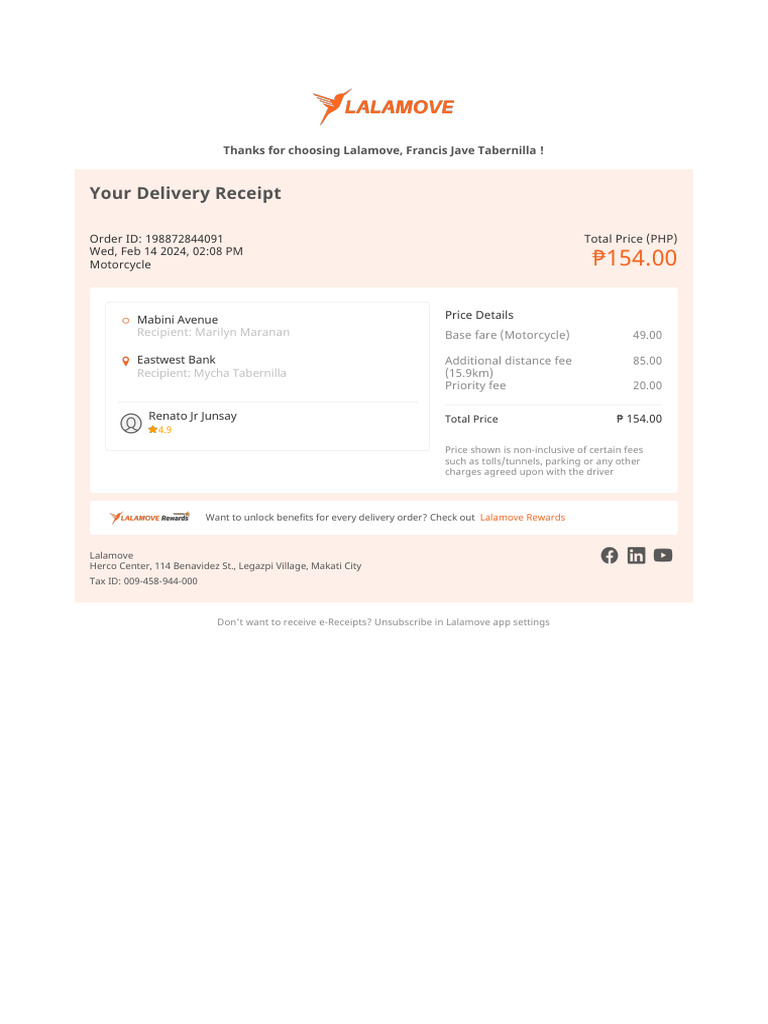 Lalamove Delivery Receipt - Order 198872844091 | PDF